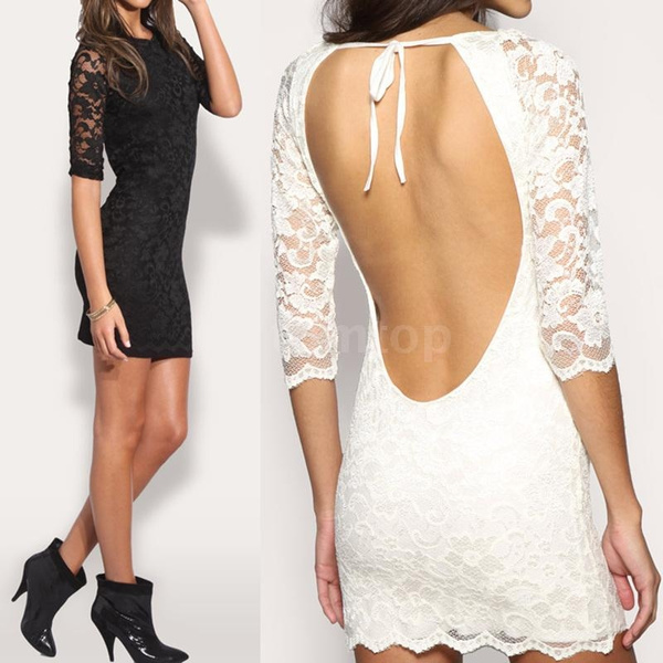 Sexy Women Lace Mini Dress Open Back Crew Neck 3/4 Sleeve Slim Party ...