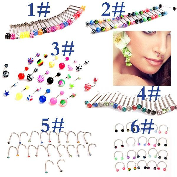 20pcs Colorful Stainless Steel Ball Barbell Curved Nose Studs Rings ...