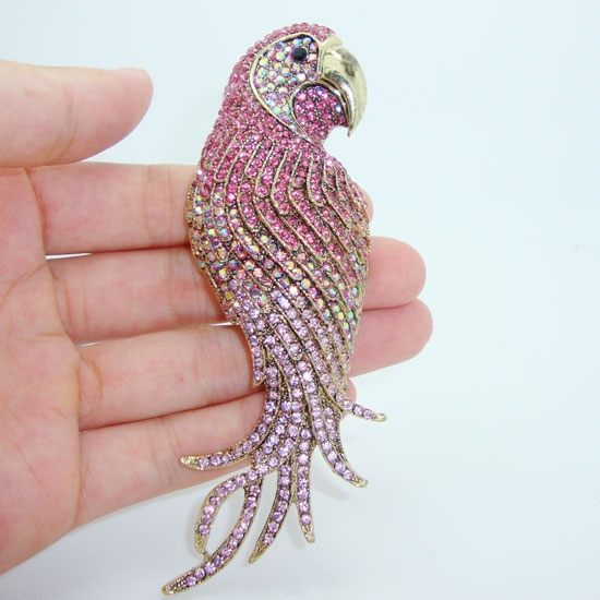 2014 fashion luxury animal bird parrot pink crystal rhinestone brooch ...