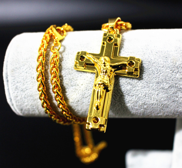 New 18k Gold Plated Iced Out JESUS CROSS Pendant Cuban Chain Necklace ...