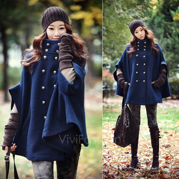 New Women's Double-breasted Stand Collar Jacket Trench Cloak Cape Shawl ...