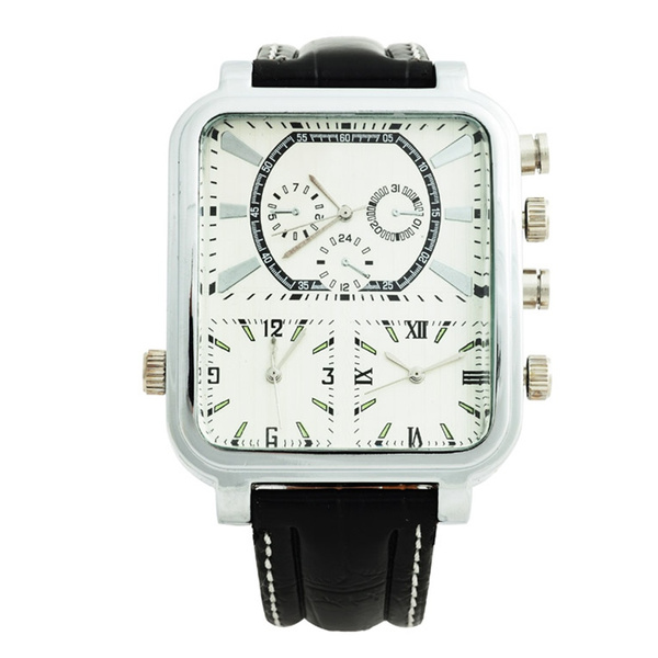 3 Time Zones Men's Luxury Wrist Watch Square Silver Dial Quartz Analog ...