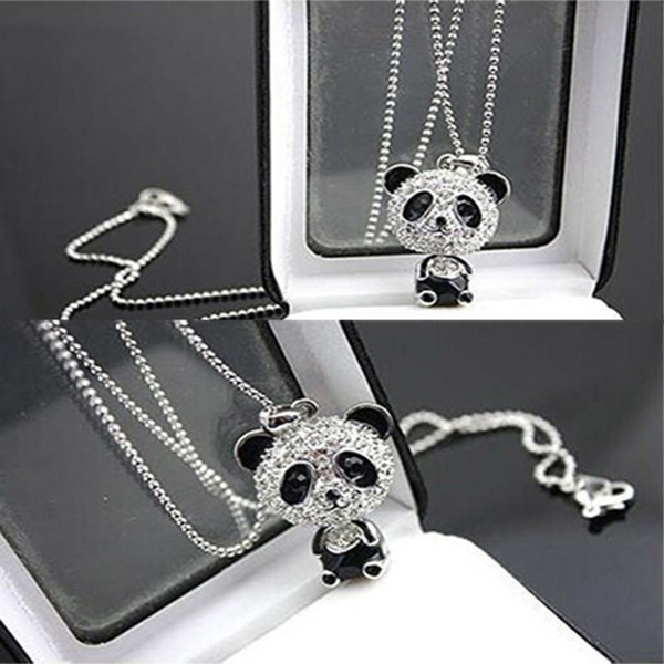 Fashion Pretty Enamel Rhinestone Panda Pendant Long Sweater Chain ...