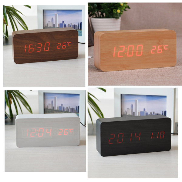 Fashion Wooden Wood Digital Red LED Alarm Clock Calendar Thermometer ...
