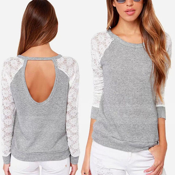 Junoesque Women Spring Summer Crew Neck Long Sleeve Lace Stitching T ...