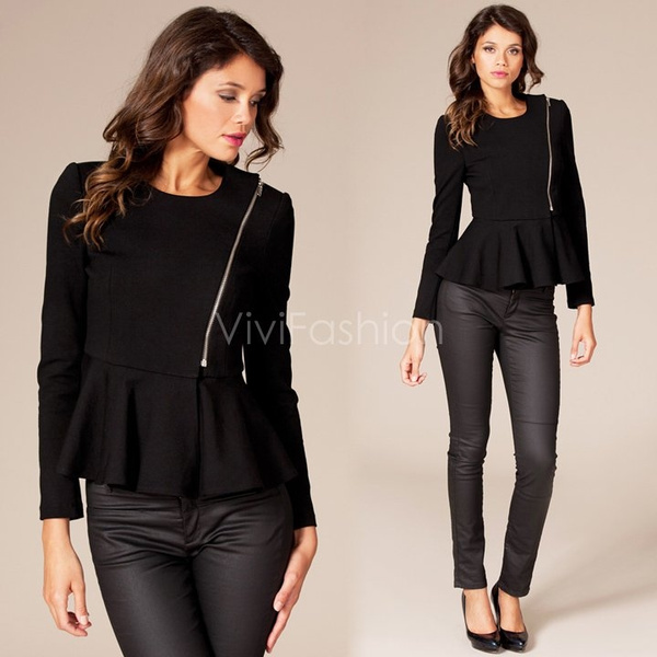 Women's New Fashion Round Neck Corrugated Slim Coat Slant Zipper Short ...