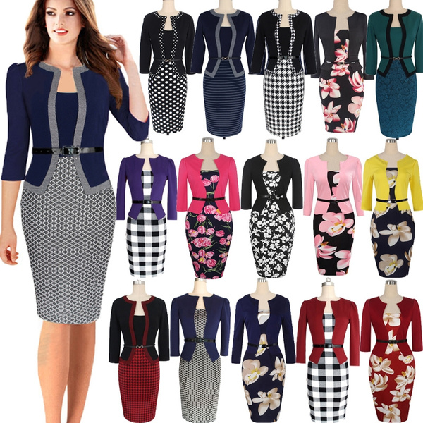 4 Color 2015 Women Summer Elegant Belted Tartan Patchwork 3/4 Sleeve ...