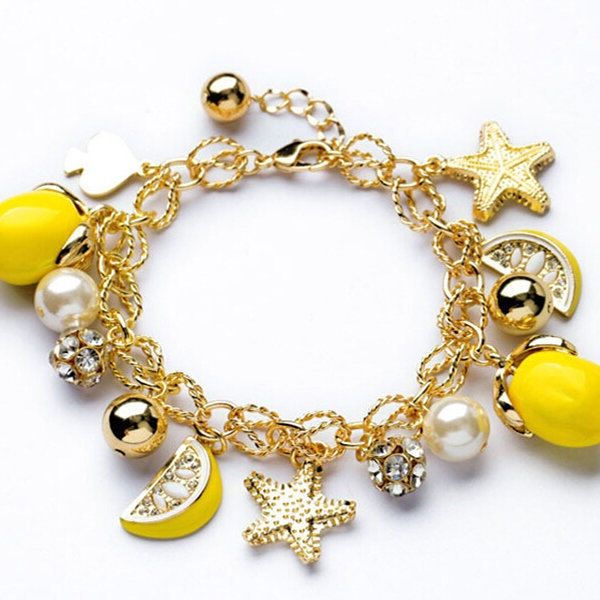 Bright Yellow Starfish Lemon Fruit Bracelet Bangle Rhinestones Pearl ...