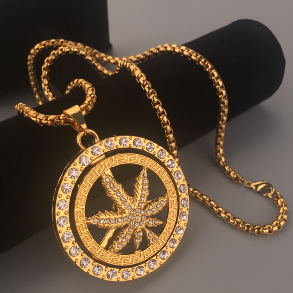 GEMFAVE 18K Gold Plated Cannabis Weed iced out Charm Necklace and box ...