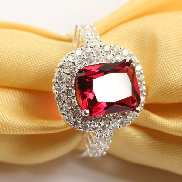 Lady's Silver Crystal Diamond Ruby Gemstone Ring | Wish