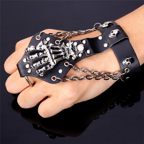 Cool Black Leather Slave Bracelet with Rings for Men Platinum Plated ...