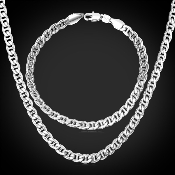 Platinum Plated Mariner Link Chain Bracelet Necklace Set Exquisite ...