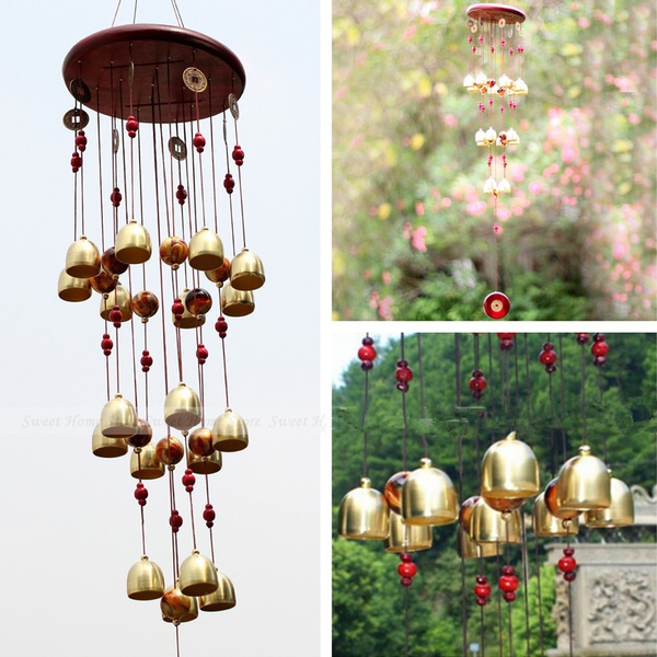 18 Copper Bells Wind Chimes Metal &Round wood Yard Garden Outdoor Feng ...