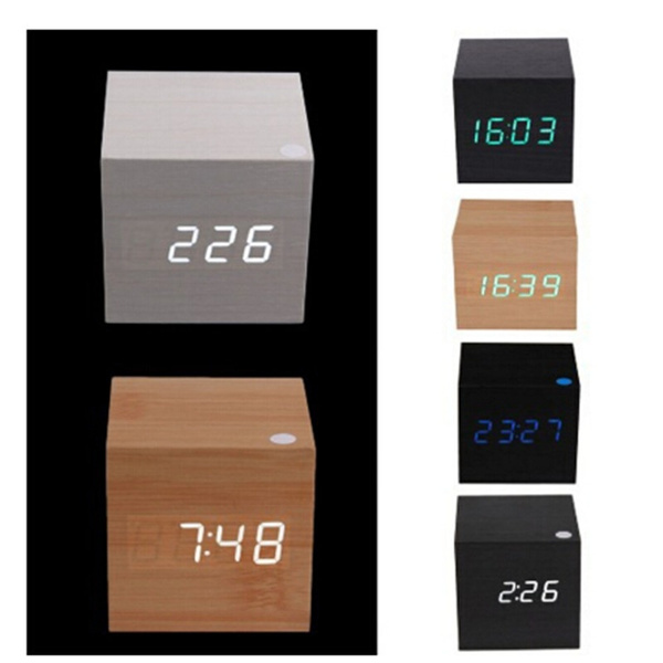 Modern Wooden USB/AAA Powered Digital LED Desk Alarm Clock Thermometer ...