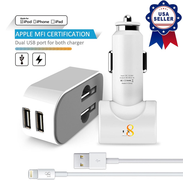 [Apple MFI Certified] TJS® 3 in 1 Combo Charger Kits, 2.4A Dual USB Ports Wall/Home Charger+2.1A ...