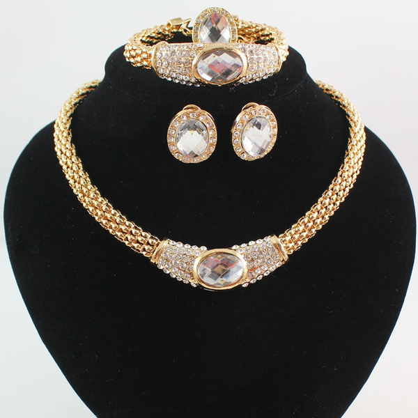 Women Gold Plated Crystal Gem Necklace Wedding Party Jewelry Sets 4 ...