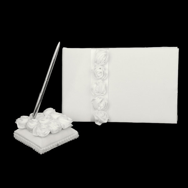 Rose Embellished Satin Wedding Guest Book Pen Stand Set Ivory | Wish