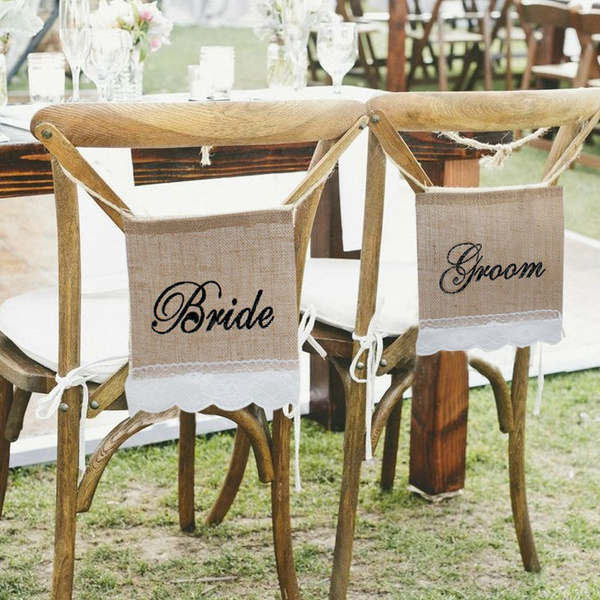 Groom Bride Burlap Lace Chair Signs Banner for Rustic Wedding Chair ...
