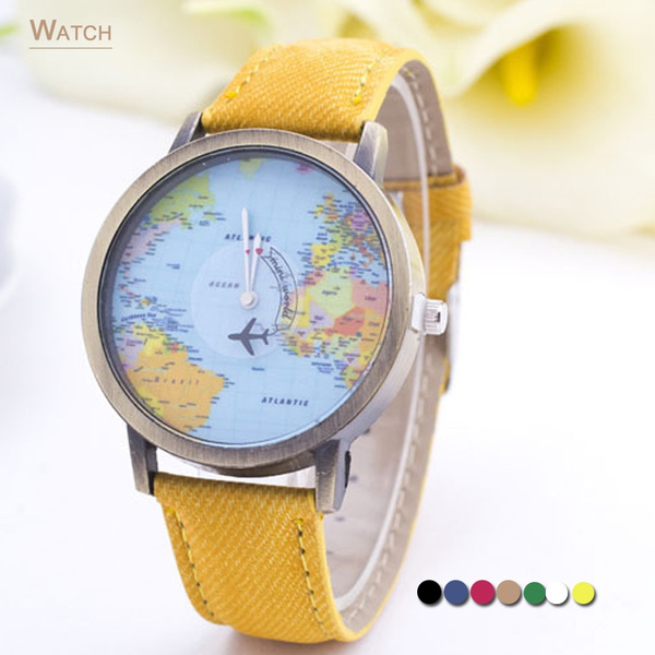 New Women Men World Map Watch By Plane Watches Denim Fabric Watch | Wish