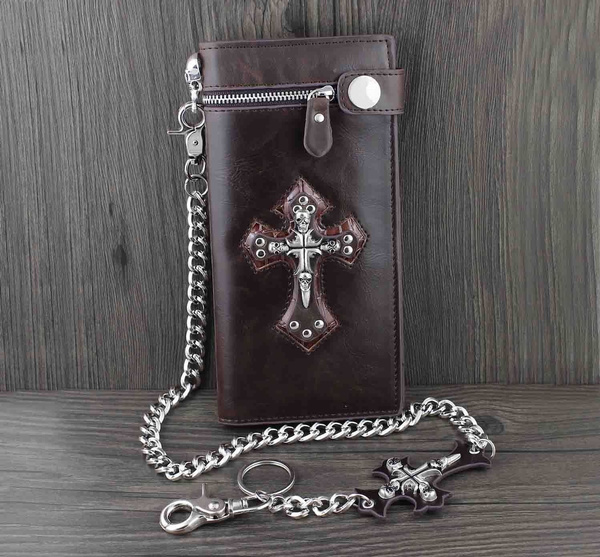 Punk Rock Skull Cross Mens Leather Long Card Money Wallet Purse With ...