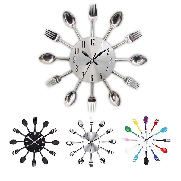 Cutlery Design Kitchen Wall Clock Multicolor Metal Fork Spoon Clocks ...
