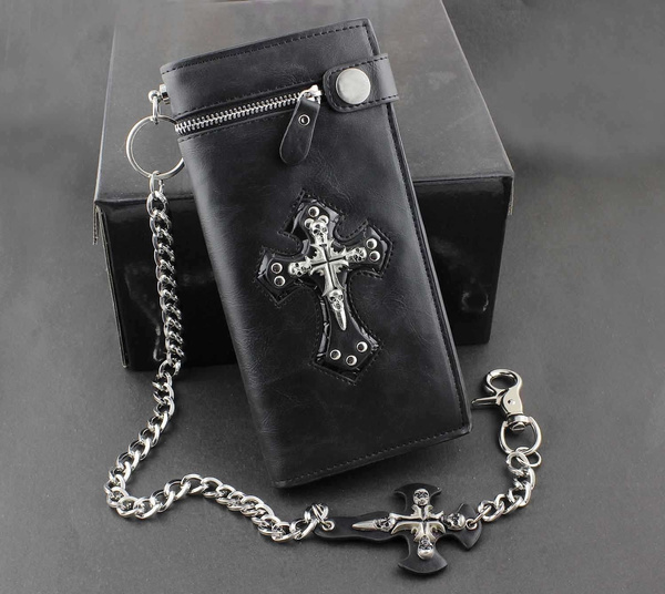 Men's Punk Skulls Cross ID Card Money Black Leather Zipper Wallet With ...