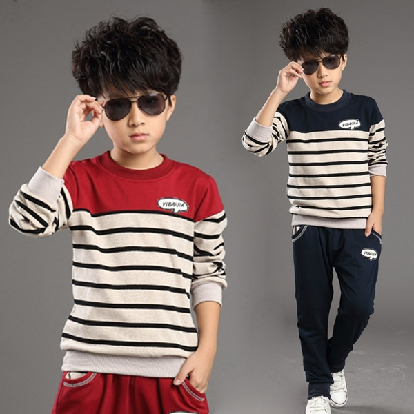 Autumn big little kids boys cotton striped long-sleeved pants sports ...