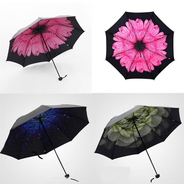 3D Flower Print Parasol Anti UV 3 Folding Sun Umbrella Rain Creative ...
