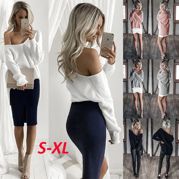 S-XL Long Sleeve Oversized Off Shoulder Loose Women Knitted Sweater ...