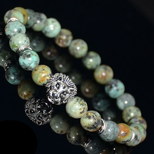 Men's Natural African Turquoise Silver Lion Head Elastic Beaded ...