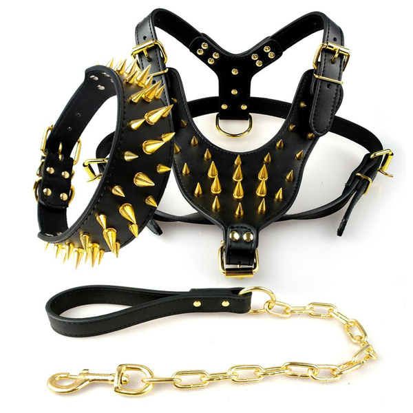 Cool Spiked Studded Leather Dog Harness&Collar&Leash Set for Dogs M L ...