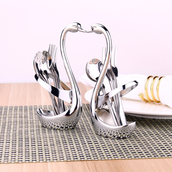 CJ104 Swan Dinnerware spoon sets 7pcs/set 3 spoon+3 fork+1 holder ...