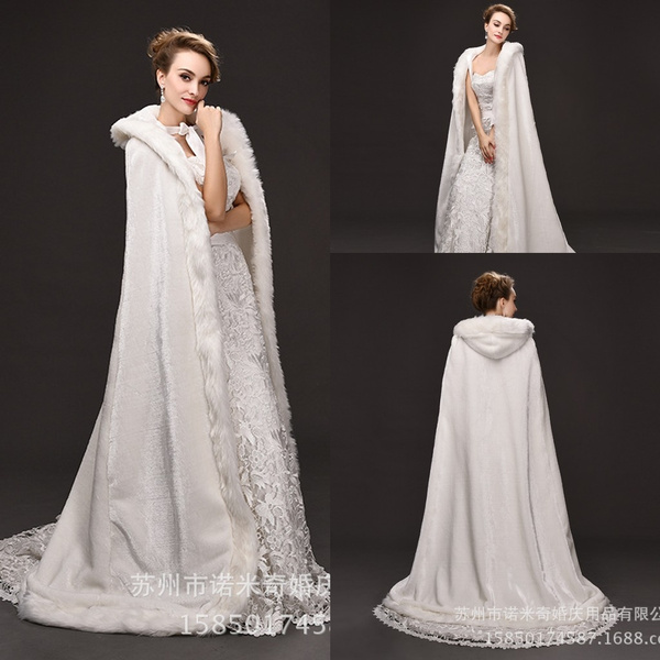 Floor Length Women White Ivory Faux Fur Trim Winter Christmas Bridal
