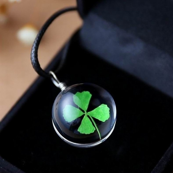 4 PCS Real Four-Leaf Clover Love Lucid Round Pendan Good Lucky Necklace ...