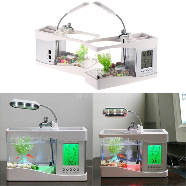 Mini USB Desktop Aquarium LCD Display Fish Tank Clock LED Lamp Light ...
