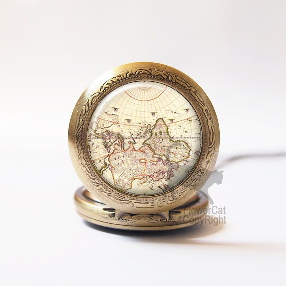 Antique World Map Pocket Watch Necklace, Vintage World Map, Nautical ...