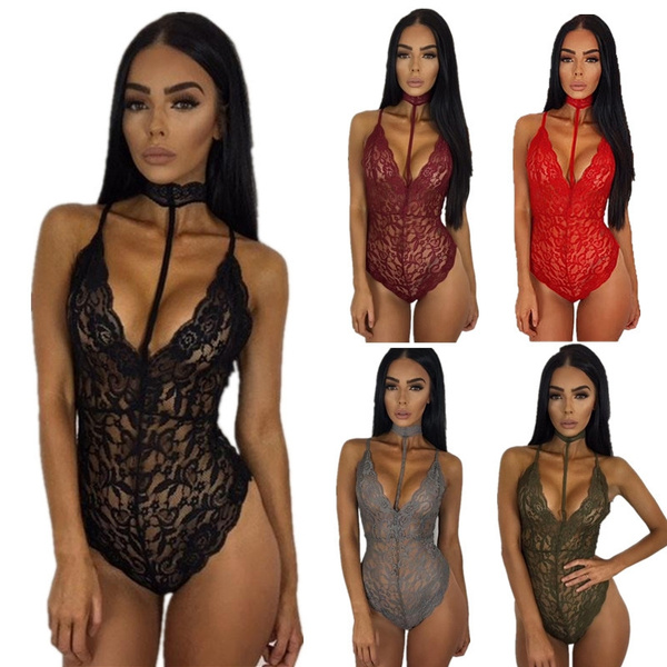 Sexy Hollow Lingerie Bodysuit Women Bra Set Lace Perspective Deep V
