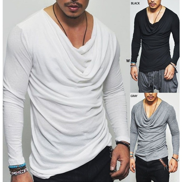 New Arrival Men's Fashion V-neck Long Sleeve Solid Color Slim Fit ...