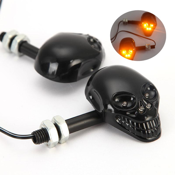 2PCS Black Skull Motorcycle LED Turn Signals Indicator 12V Amber ...