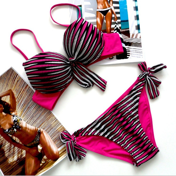Women Sexy Bikinis Stripe Bathing Suits Beach Swimming Swimwear Plus ...