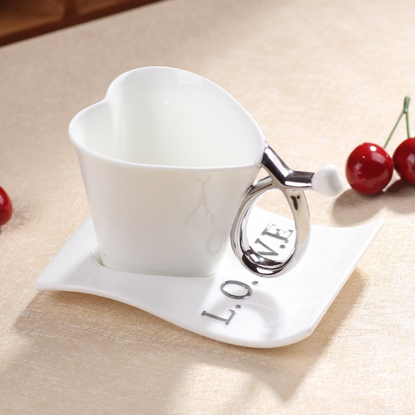 Heart-shaped Ceramic Coffee Mug Set Lovers' Cup wish Dish and Spoon ...