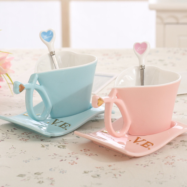 Heart-shaped Ceramic Coffee Mug Set Lovers' Cup wish Dish and Spoon ...