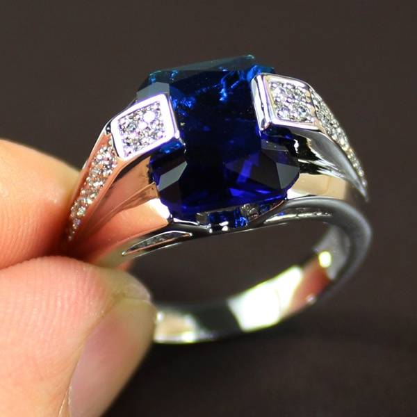 Men's Silver Big Blue Created Sapphire CZ Gem Crystal Stone Ring ...