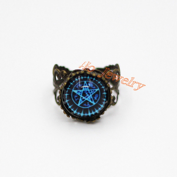 New Witchcraft Blue Pentacle Pentagram Star Glass Art Ring Wiccan Pagan ...