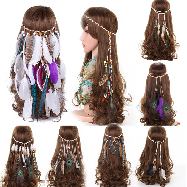 Fashion Bohemia Style Weave Rope Feather Headband Gypsy Tassels Bead ...
