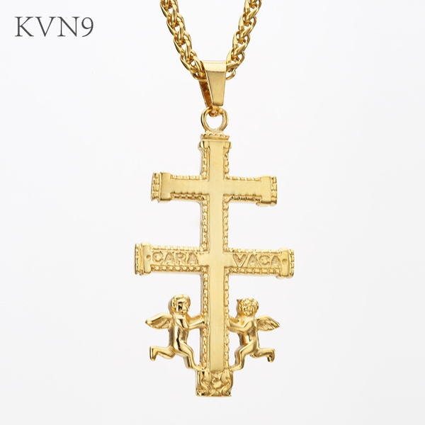 KVN9 Cara Vaca Cross with Angels Pendant Necklace Gold Plated Vintage ...