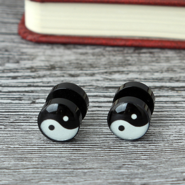 Yin and Yang Stainless Steel Barbell Fake Ear Plug Stud Earrings | Wish