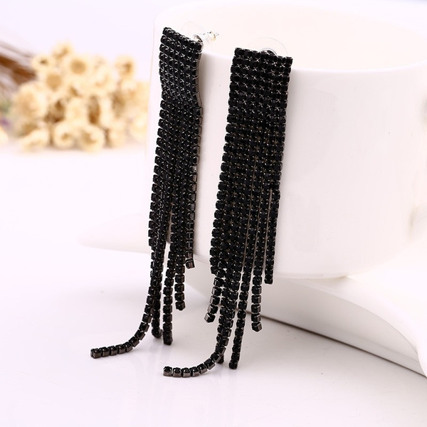 1 Pair of Black Hyperbole Long Striped Dangle Crystal Rhinestone Silver ...