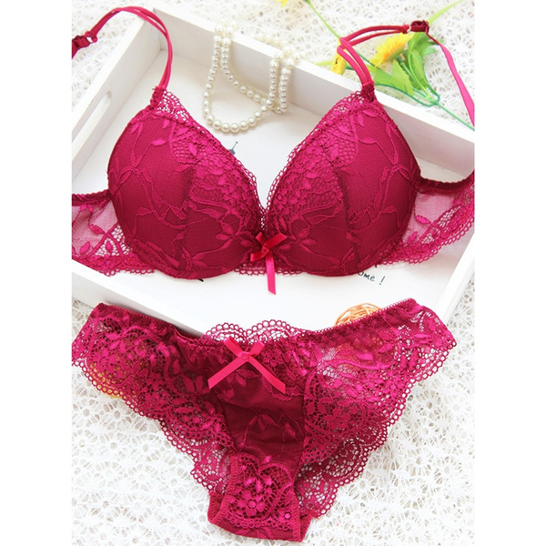 Women Lady Cute Underwear Satin Lace Embroidery Bra Sets With Panties