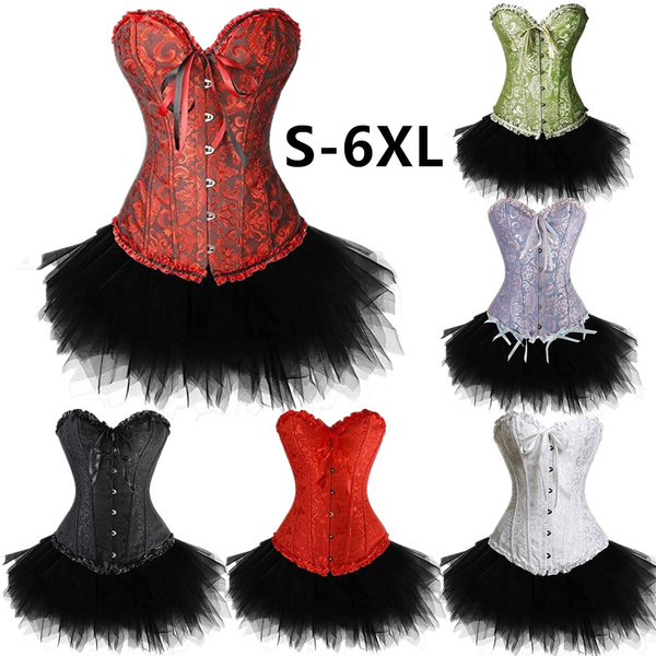 Women Sexy Burlesque Overbust Corset Bustier Top With Mini Tutu Skirt